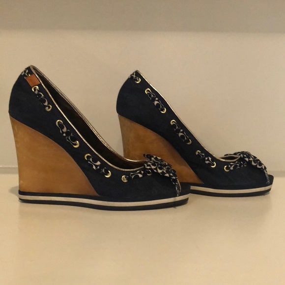 Coach | Shoes | Coach Thalia Navy Blue Peeptoe Wedge Size 8 | Poshmark